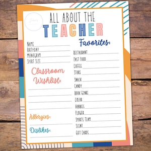 All About the Teacher Printable| Teacher Questionnaire| Printable for ...
