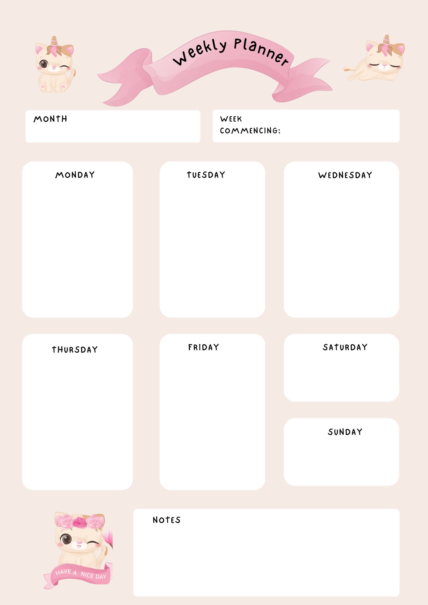 Printable Weekly Planner, Cat Weekly Planner, Unicorn Cat Planner ...