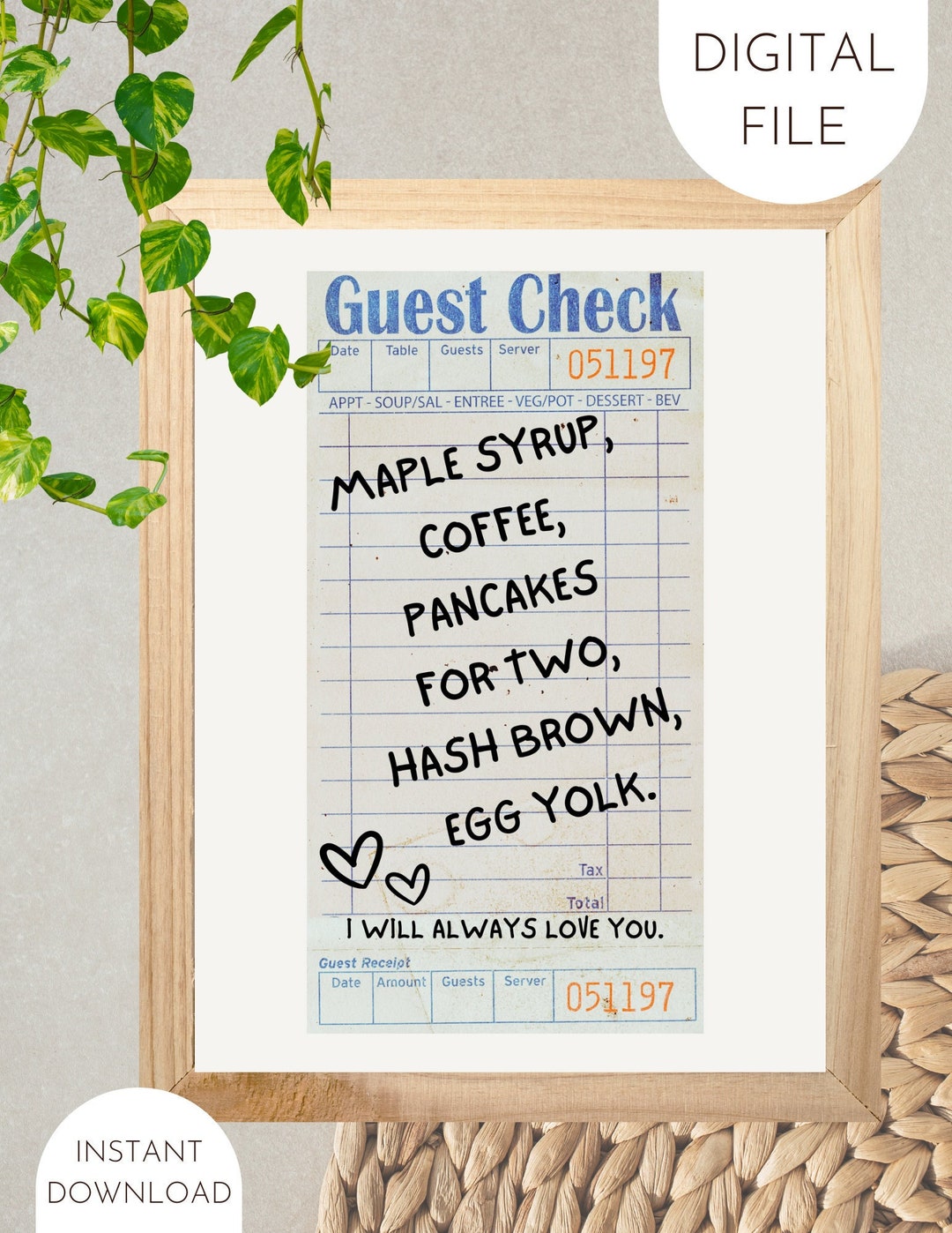 Guest Check Print, Guest Check Art, Guest Check Digital Download ...