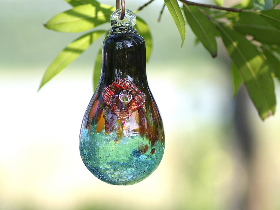 Glass Hummingbird Feeder With Feeding Tube | Hand Blown Art Glass Bird ...