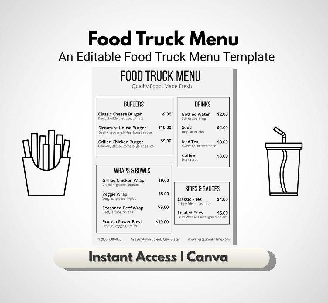 Food Truck Menu Template Editable | Customizable Restaurant Menu ...