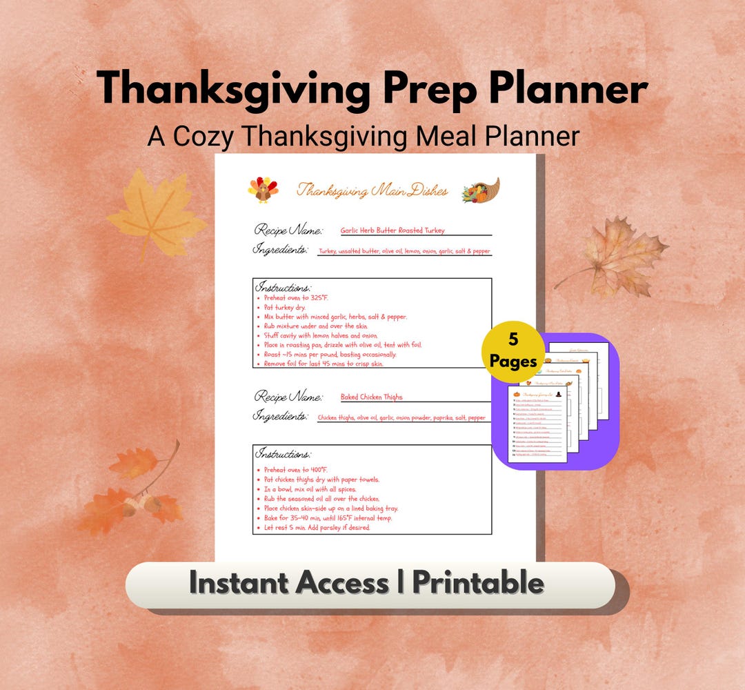 Thanksgiving Meal Planner Printable, Meal Planning, Recipe Organizer ...