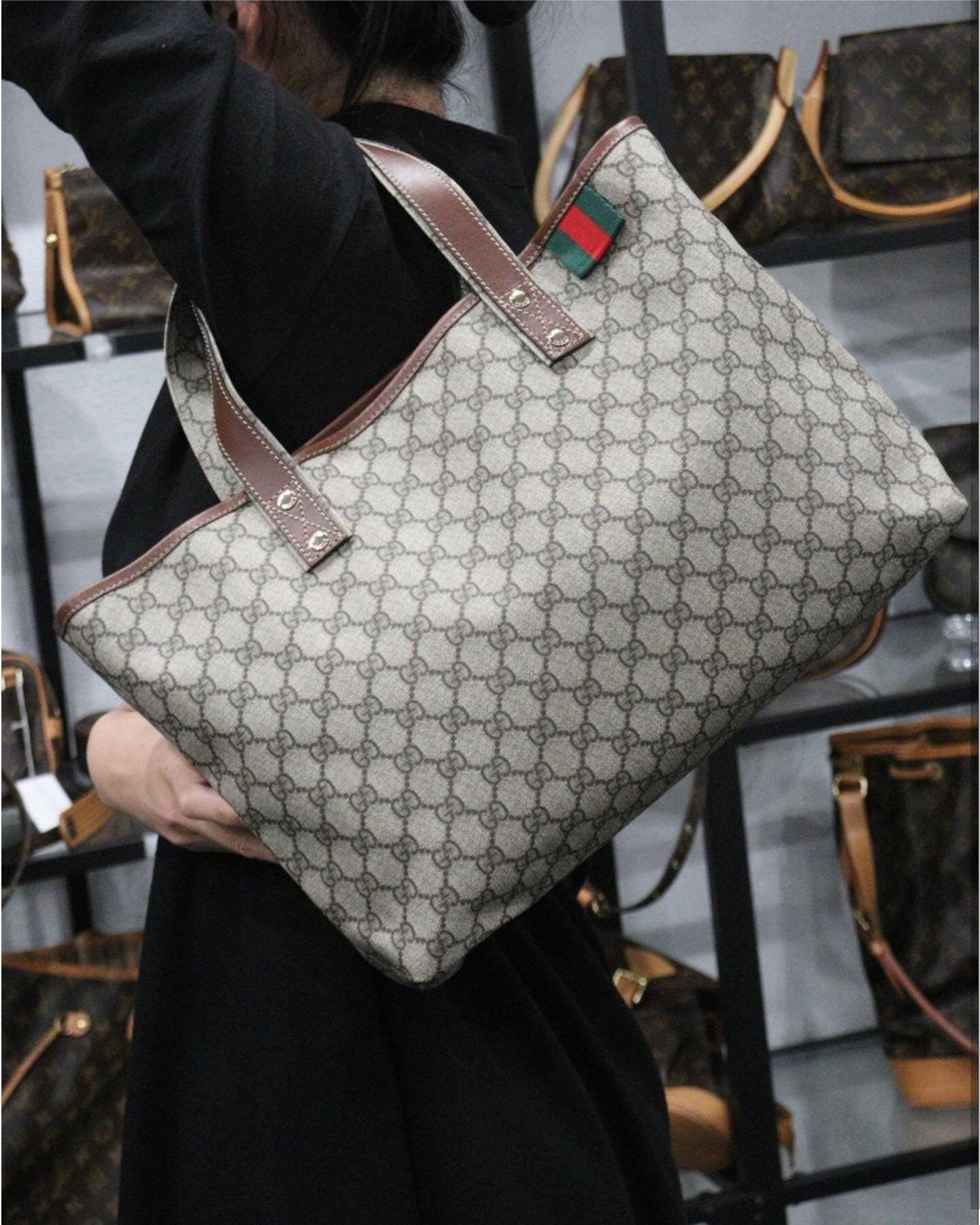 Authentic Gucci GG Plus Monogram Supreme Signature Sherry Web Loop Tote ...