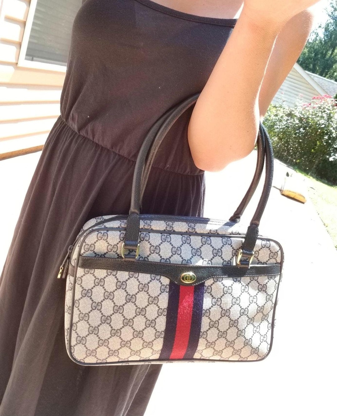 Authentic Vintage Gucci GG Monogram Supreme Sherry Web Ophidia Boston ...