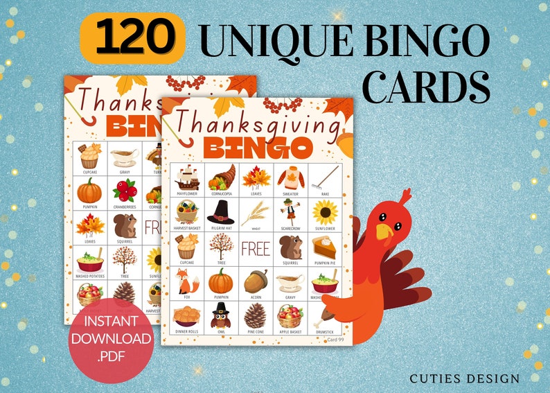 Thanksgiving BINGO 120 Printable Cards Thanksgiving Games for Kids ...