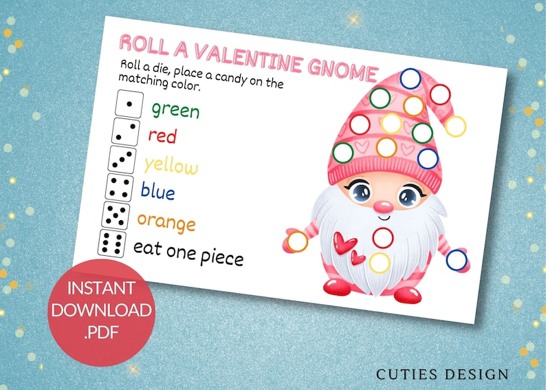 Roll a Valentine Gnome Game, Instant Download Valentine's Day Game for ...