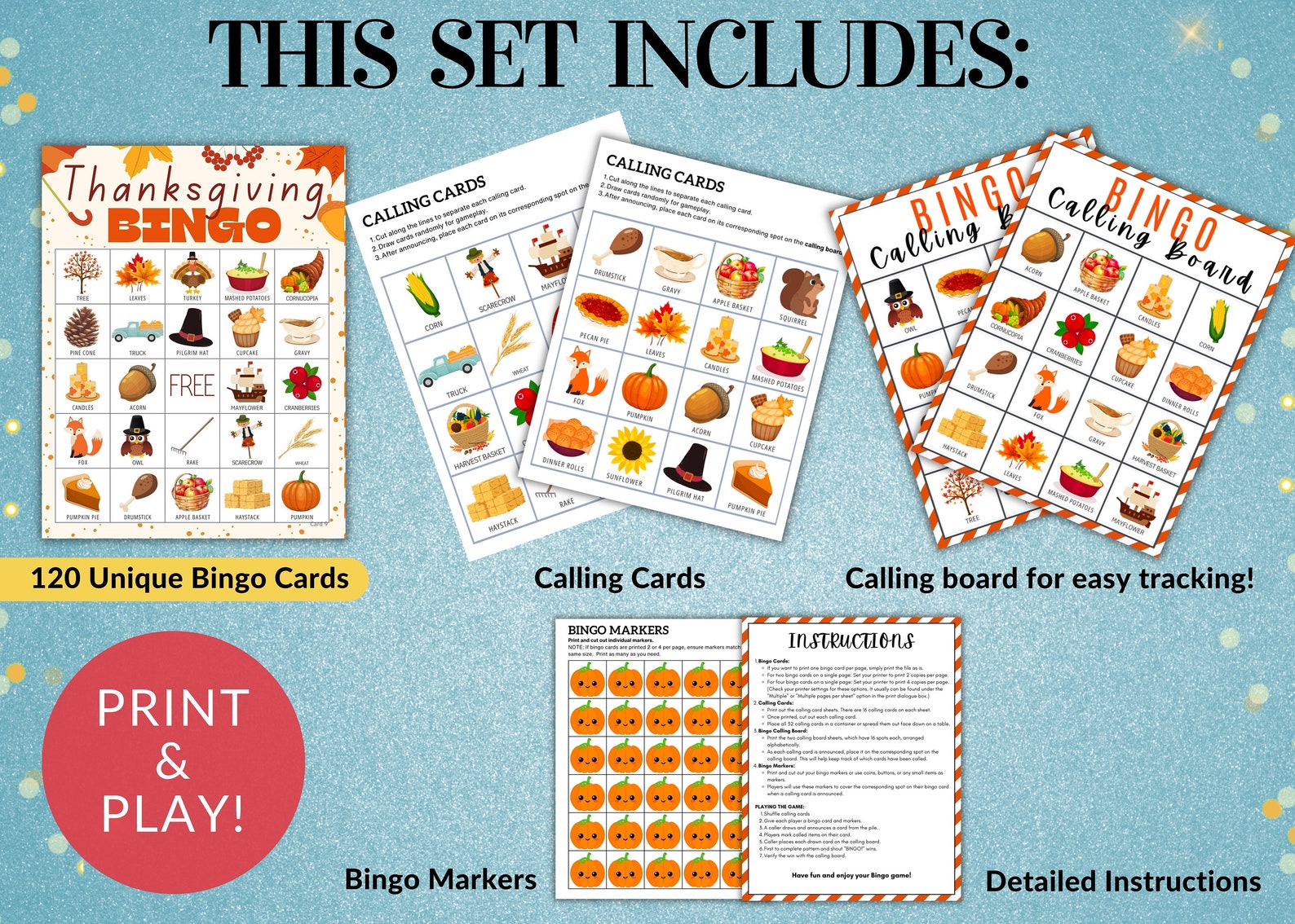 Thanksgiving BINGO 120 Printable Cards Thanksgiving Games for Kids ...