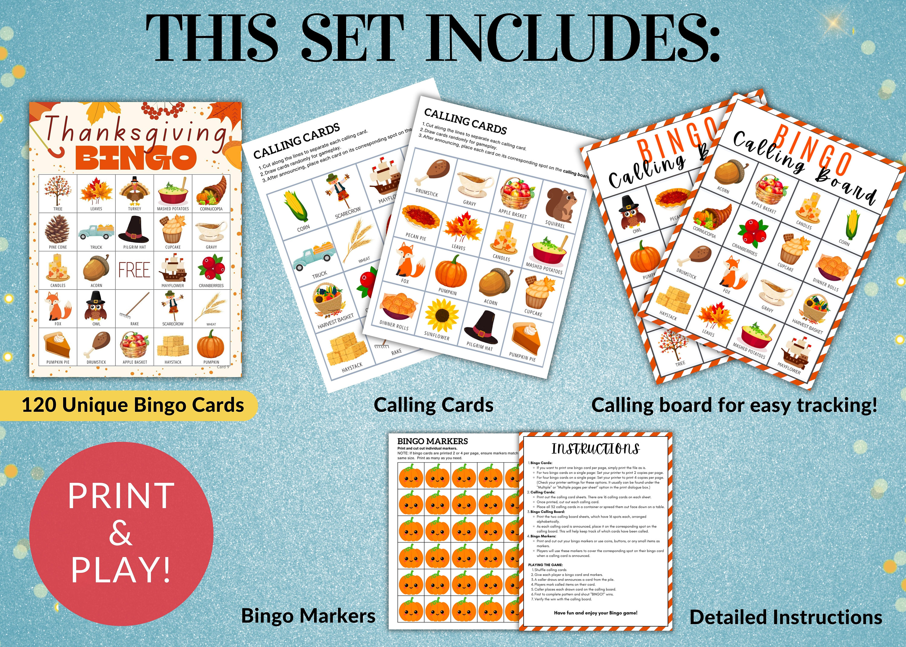 Thanksgiving BINGO 120 Printable Cards Thanksgiving Games for Kids ...