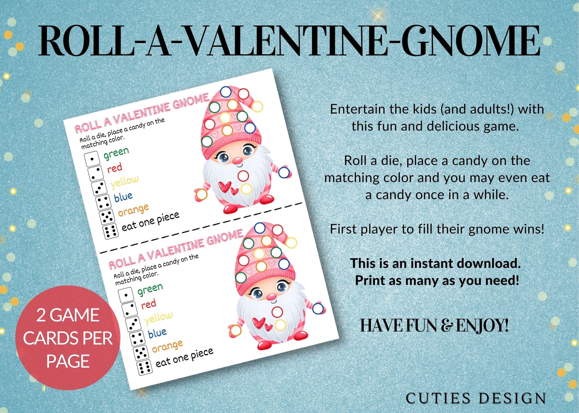 Roll a Valentine Gnome Game, Instant Download Valentine's Day Game for ...