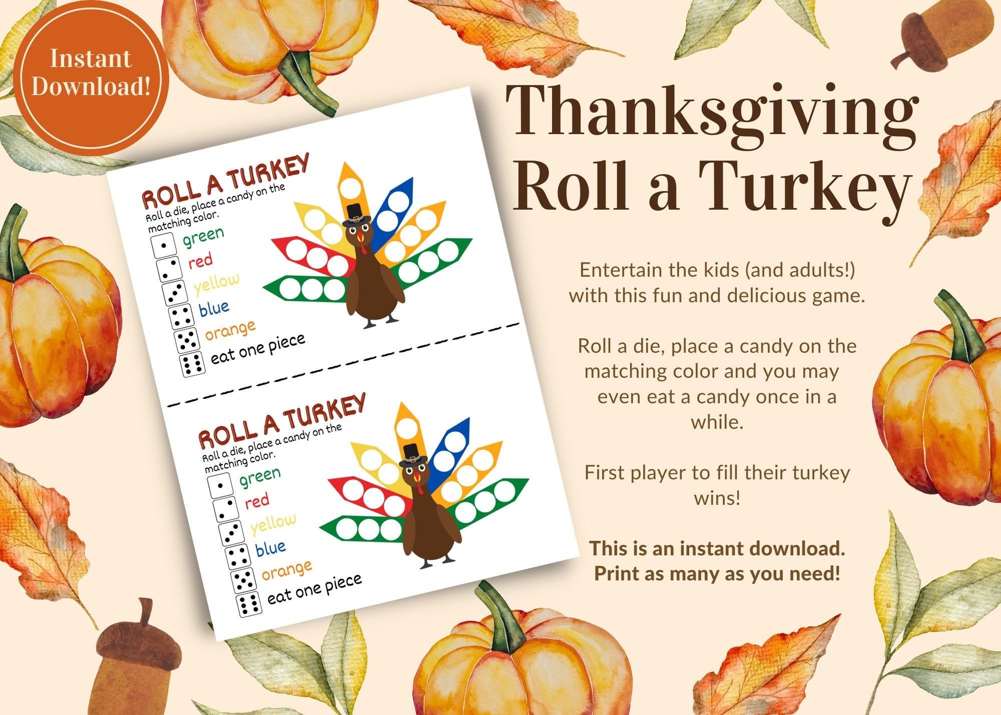 Roll a Turkey Thanksgiving Game, Instant Download Thanksgiving Game for ...