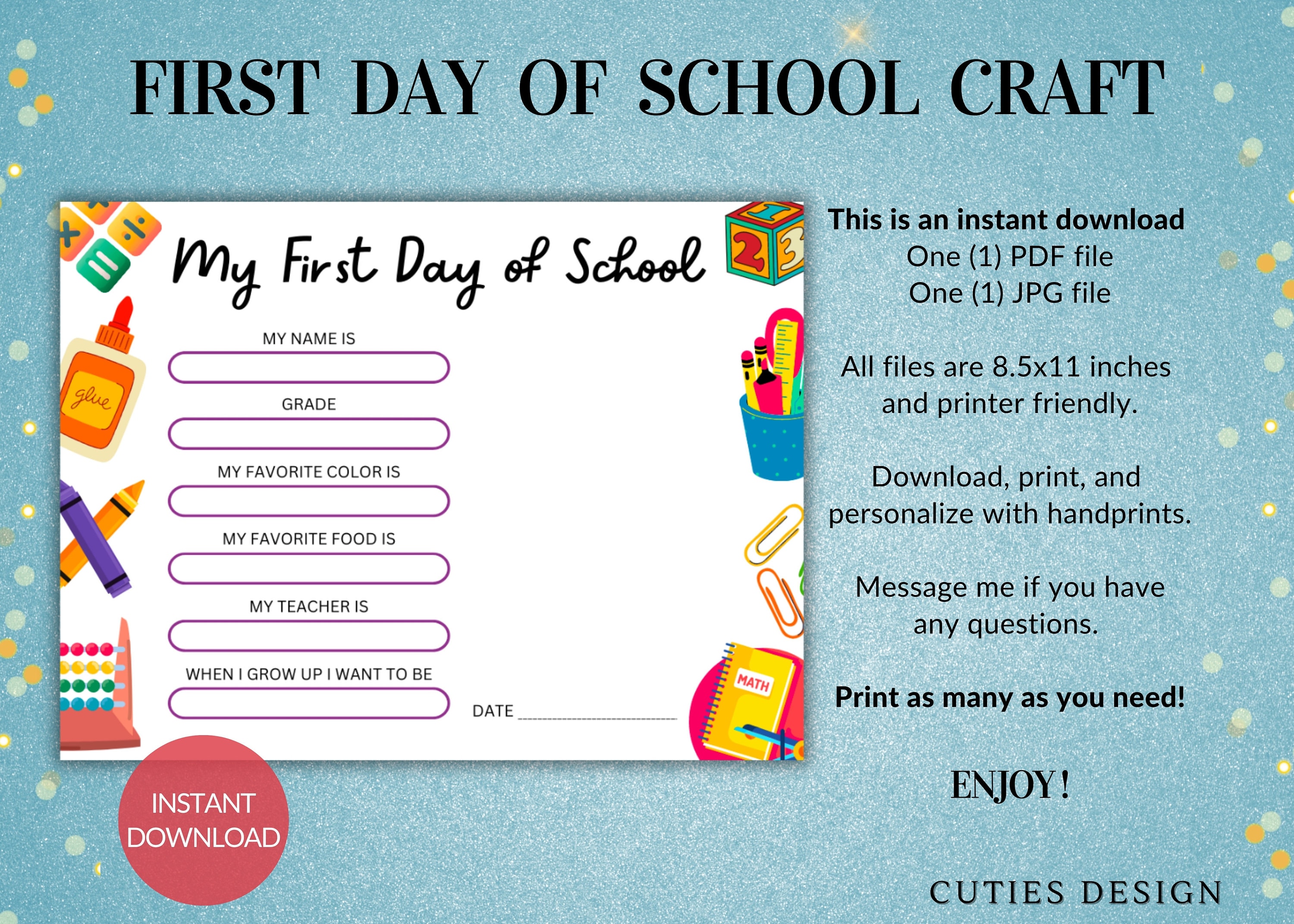 First Day of School Printable Craft for Toddler Handprint Keepsake Art ...