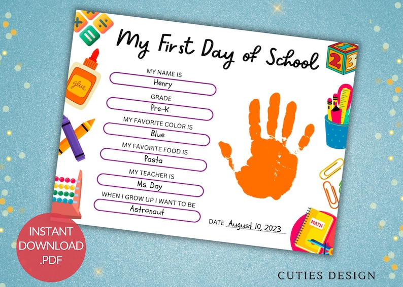 First Day of School Printable Craft for Toddler Handprint Keepsake Art ...