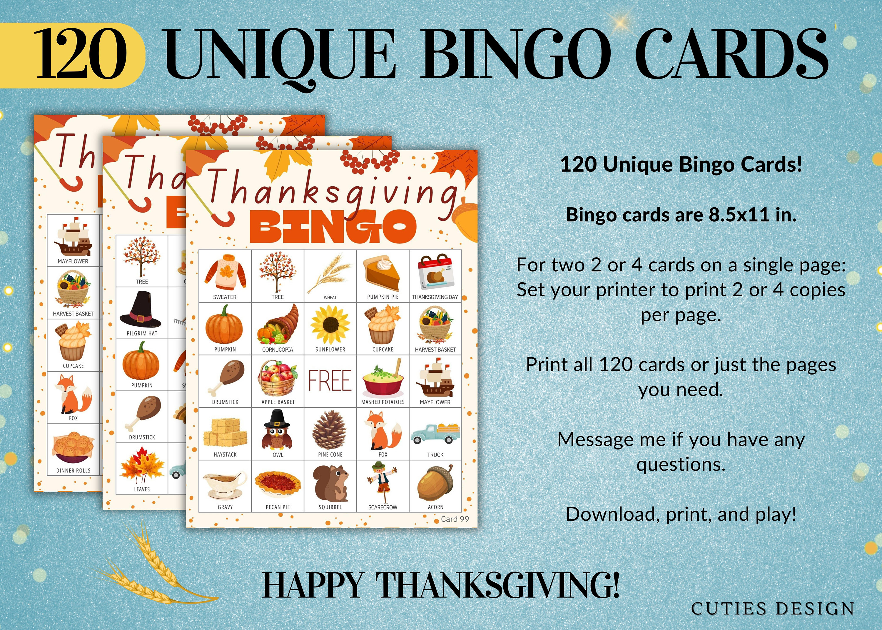 Thanksgiving BINGO 120 Printable Cards Thanksgiving Games for Kids ...