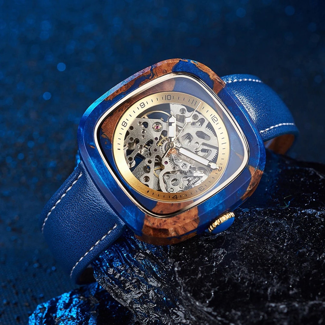 Engraved Mechanical Wood & Resin Watch, Unique Holiday Gift, Wooden ...