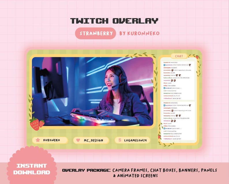 PACKAGE STREAM OVERLAY/ Strawberry Graphics: Screens, Cam Frames, Chat ...