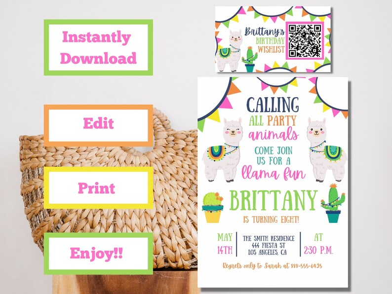 Editable Llama Birthday Invitation & Enclosure Card A Whole Llama Fun ...