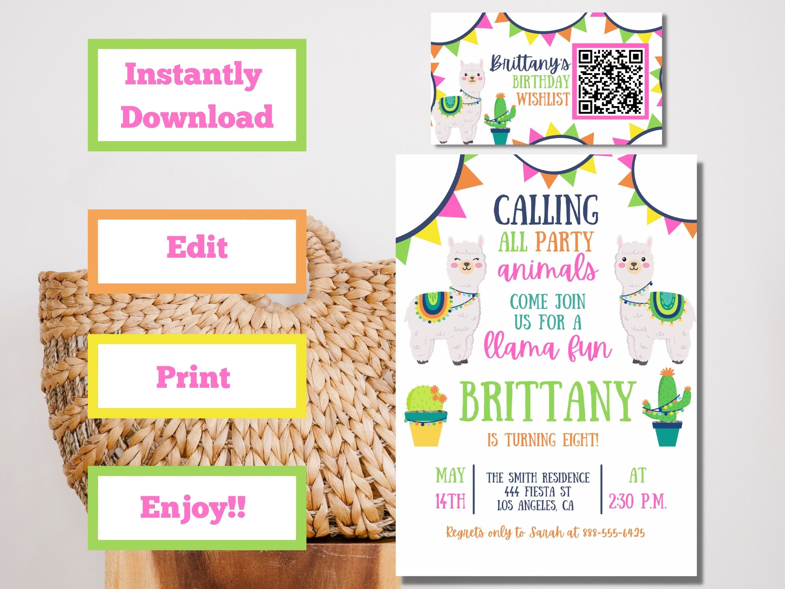 Editable Llama Birthday Invitation & Enclosure Card A Whole Llama Fun ...