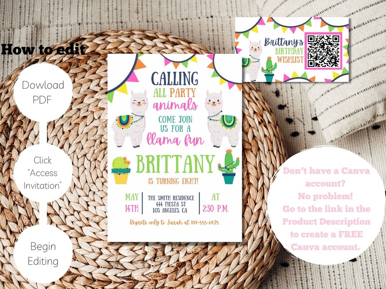 Editable Llama Birthday Invitation & Enclosure Card A Whole Llama Fun ...