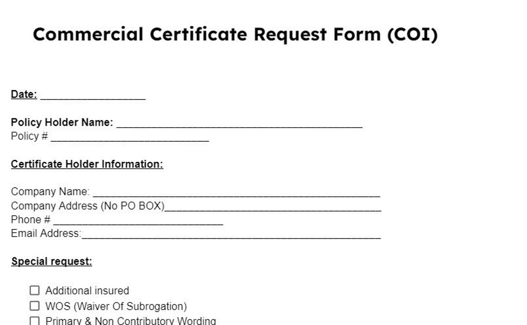 Certificate of Insurance Request Form - Etsy