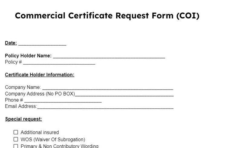 Certificate of Insurance Request Form - Etsy