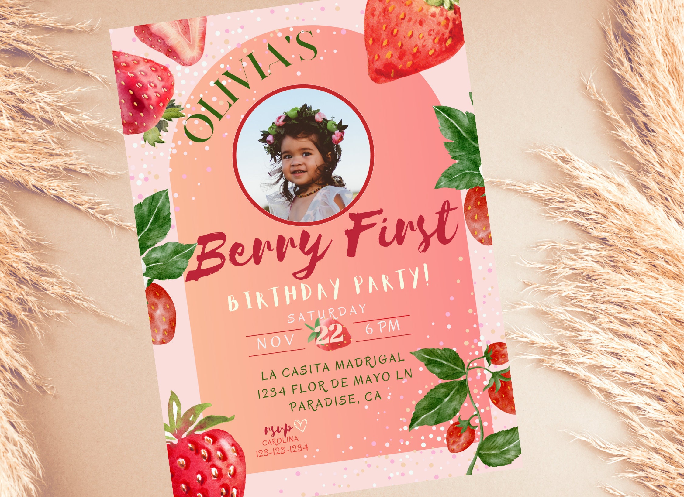 Berry First Birthday Invitation, Printable Strawberry Blueberry Invite ...