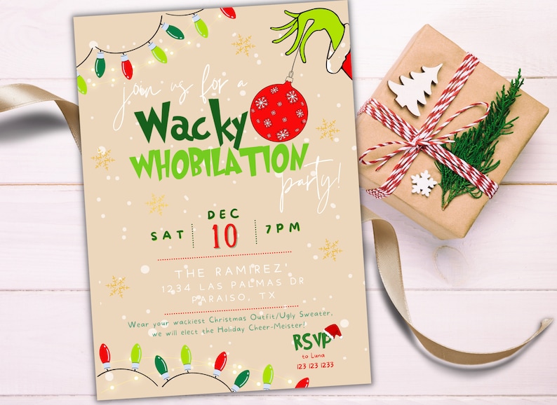 Wacky Ugly Sweater Christmas Party, Grinch Invitation, Wacky Tacky ...