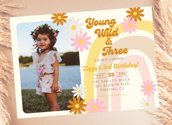 Young Wild and Three Birthday Party Invitation Groovy Baby - Etsy