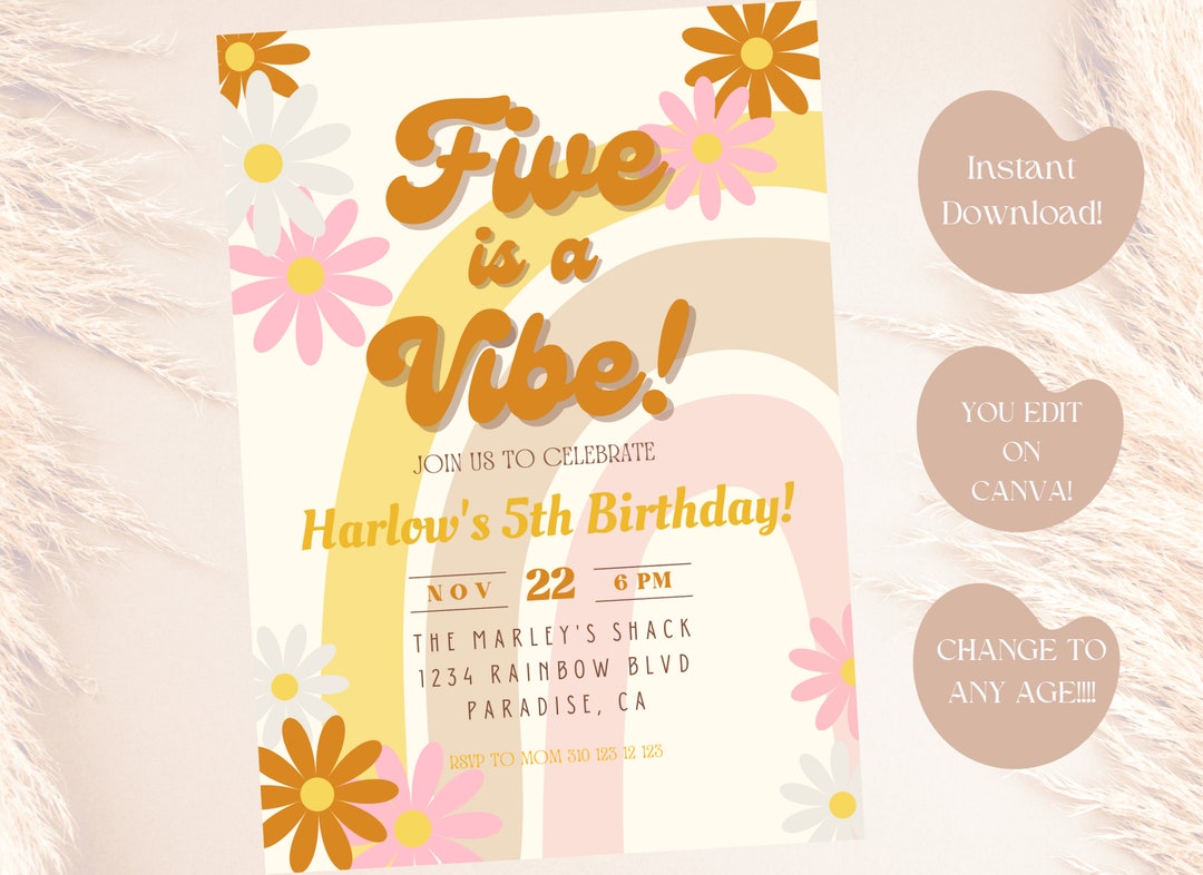 Editable Groovy Retro Five is a Vibe Birthday Party, ANY AGE Birthday ...