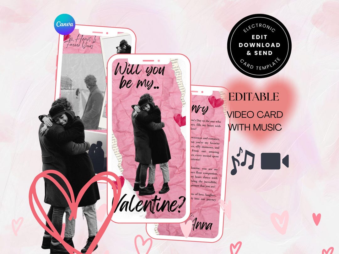 Digital Valentines Day Card Template for Mobile Phone. Monochrome ...