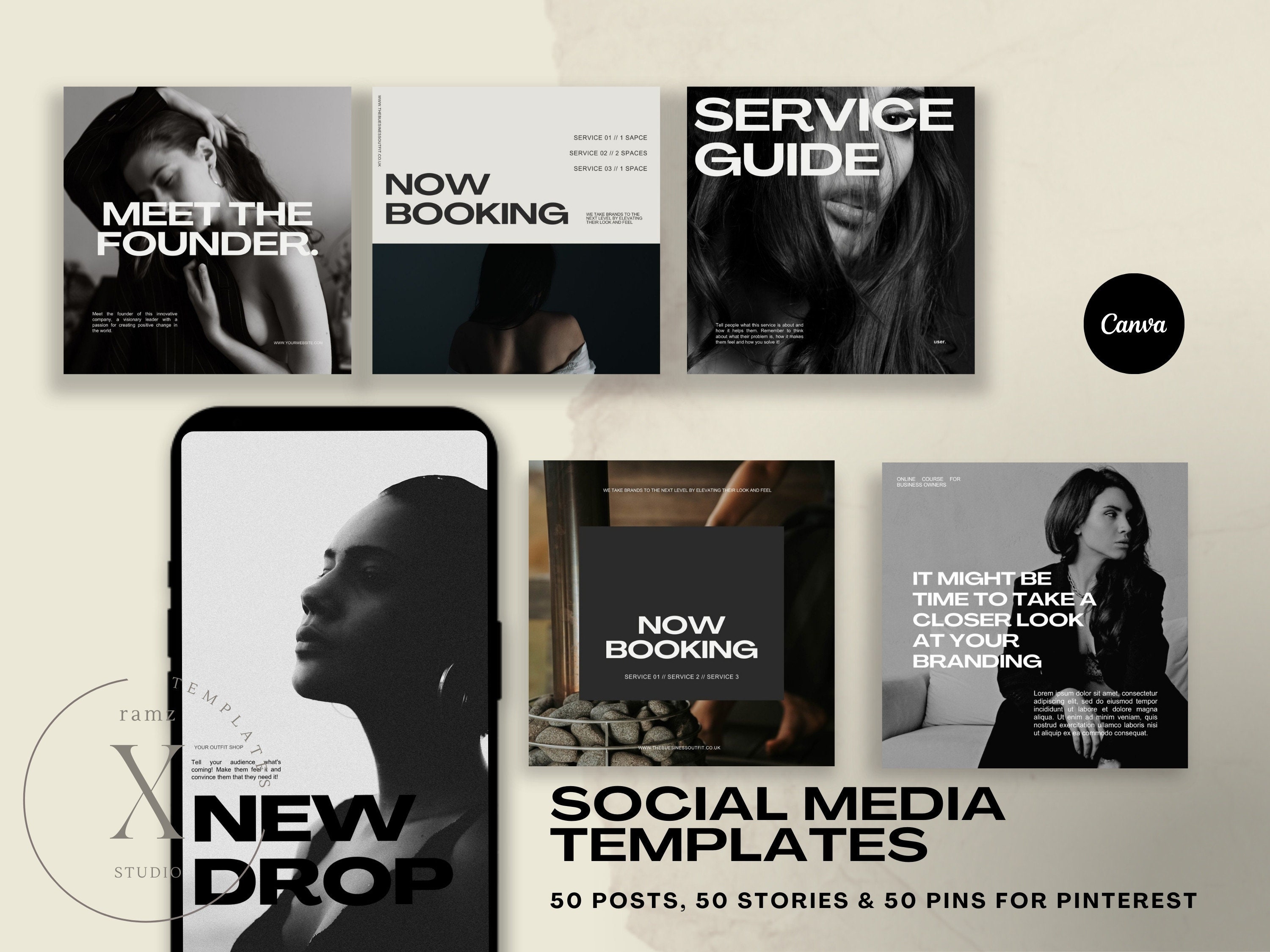 Bold Editorial Aesthetic Social Media, Editable Canva Template, Beige ...