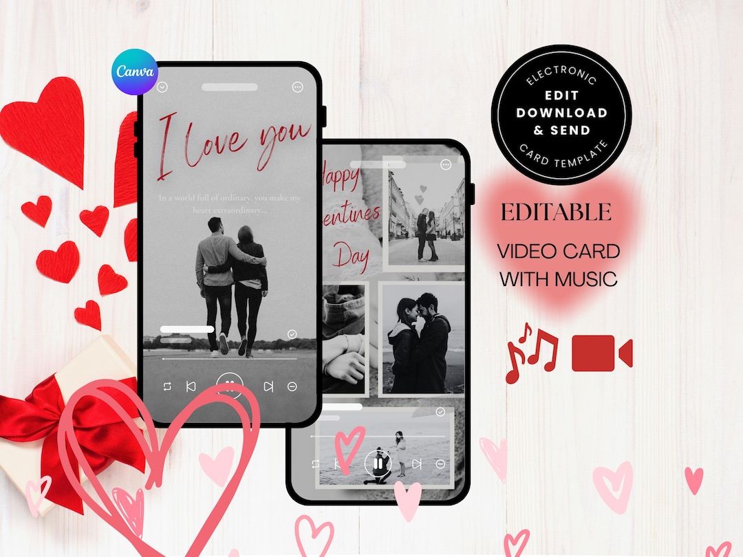 Digital Valentines Day Card Template for Mobile Phone. Monochrome ...