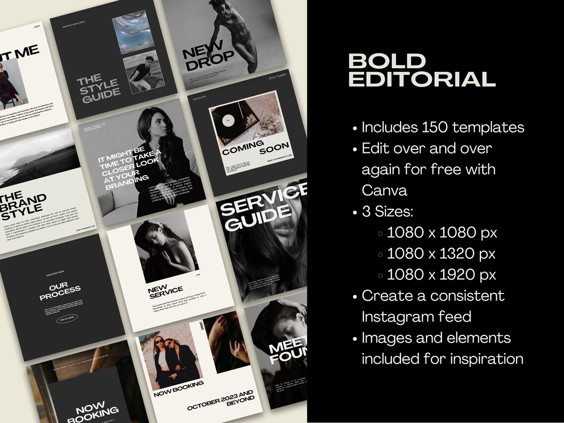 Bold Editorial Aesthetic Social Media, Editable Canva Template, Beige ...