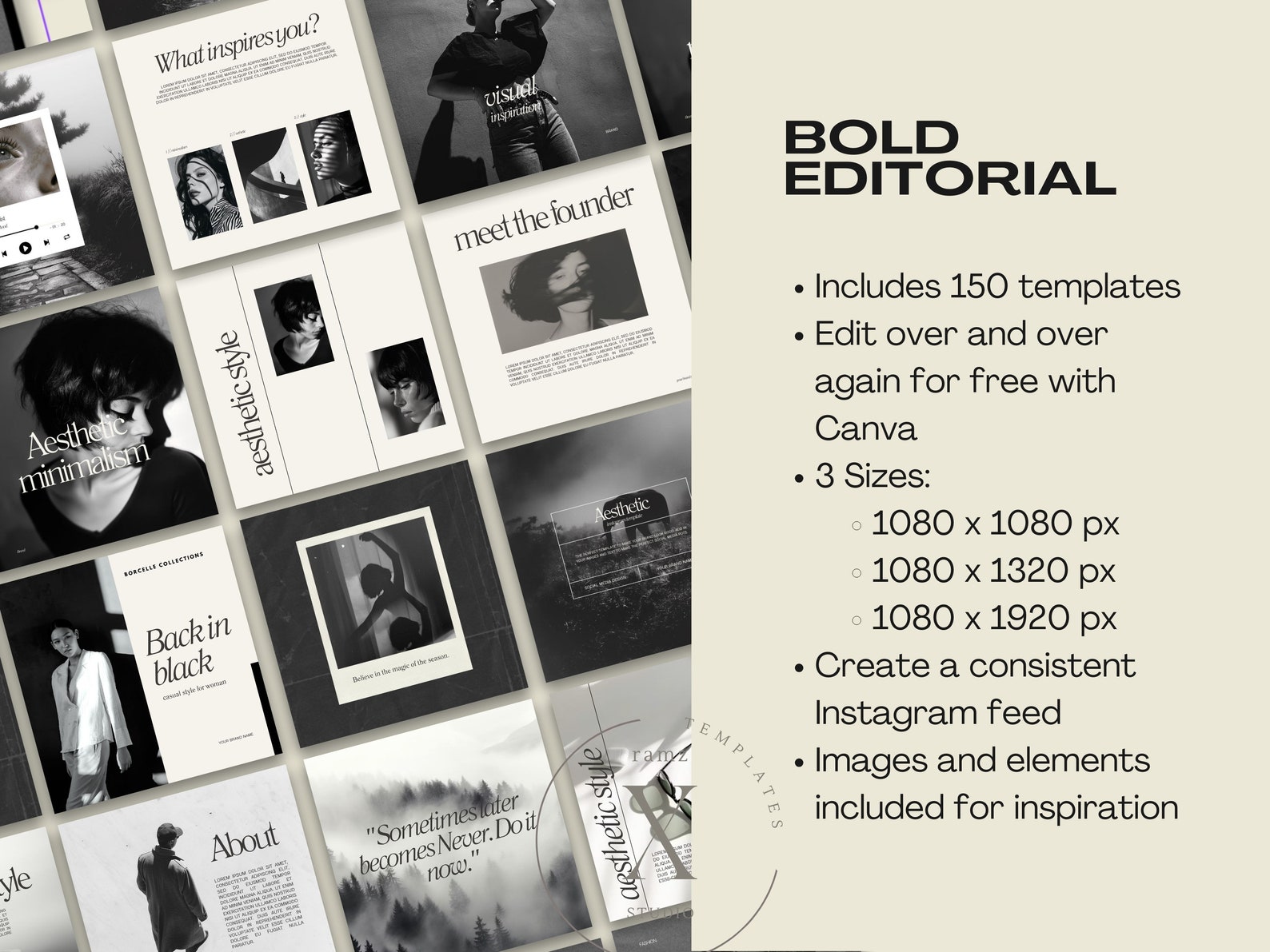 Bold Editorial Aesthetic Social Media, Editable Canva Template, Beige ...