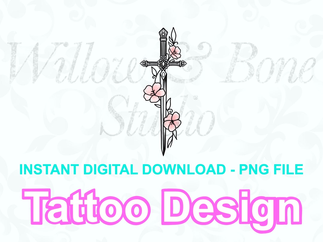 Digital Download PNG Pink Floral Fantasy Sword Tattoo Design - Bookish ...