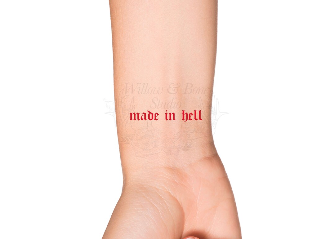 Made in Hell Old English Lettering Temporary Tattoo - Baddie Tattoos for Women - Red Quote ...