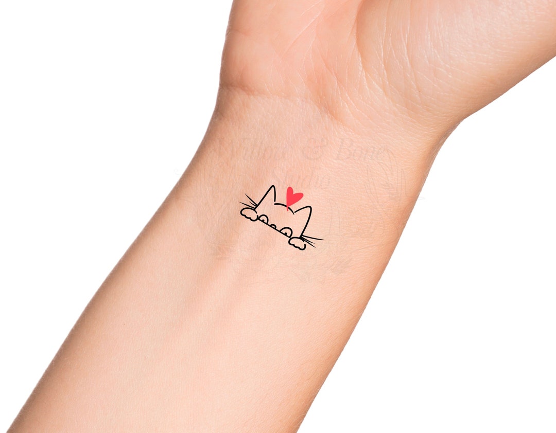 Cat Head Heart Outline Temporary Tattoo - Cute Pet Cat Small Wrist Pet ...