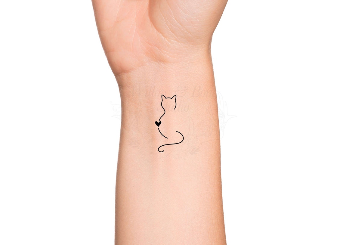 Cat Outline Heart Small Wrist Temporary Tattoo - Etsy