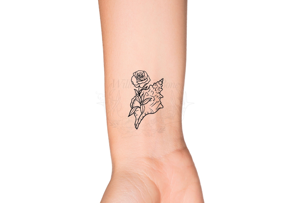 Rose Conch Shell Outline Temporary Tattoo - Floral Beach Shell Wrist ...