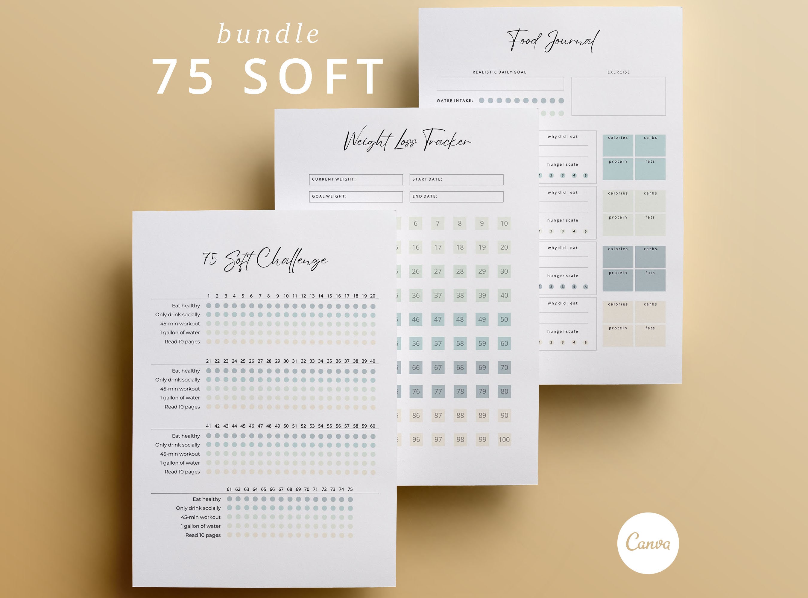 75 Soft Challenge Bundle, Tracker Template, Workout Plan, Self Care ...