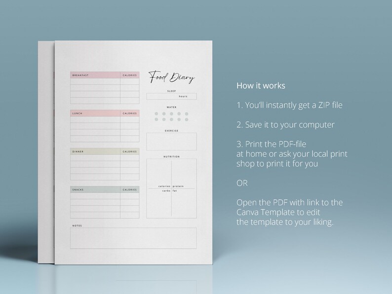 Editable Food Diary A4, US Letter Canva Template Meal Journal Daily ...