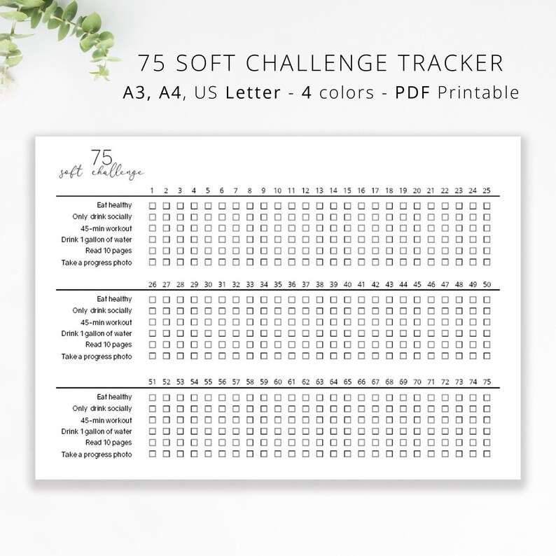 75 Soft Challenge Tracker A3, A4, US Letter One Page Challenge Tracker ...