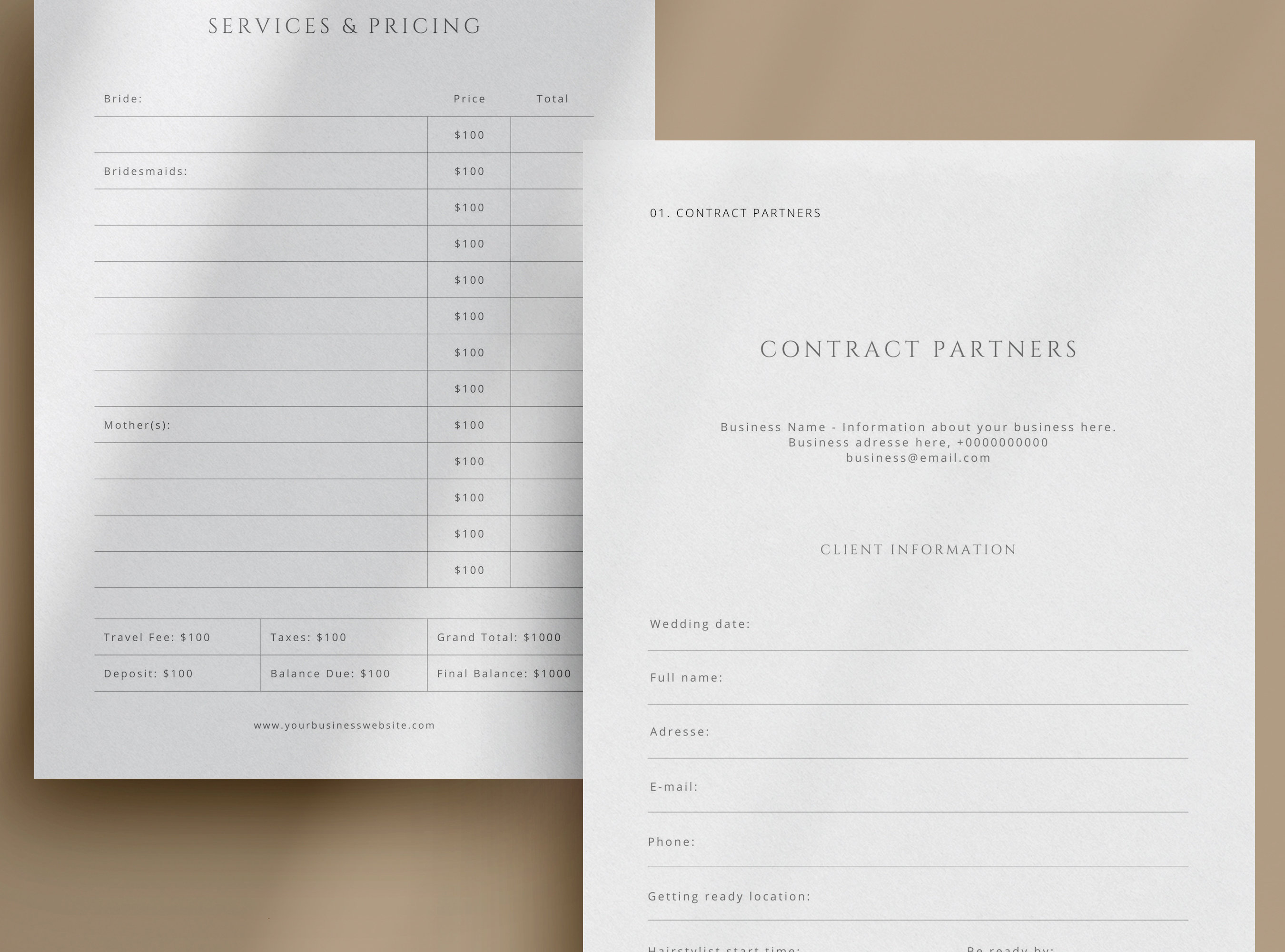Bridal Hair Contract Template, Wedding Bridal Party Salon Services ...