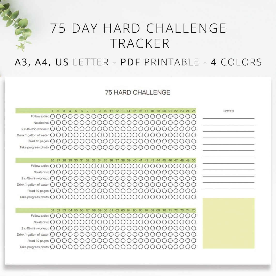 75 Day Hard Challenge 75 Hard Tracker Habit Tracker PDF | Etsy