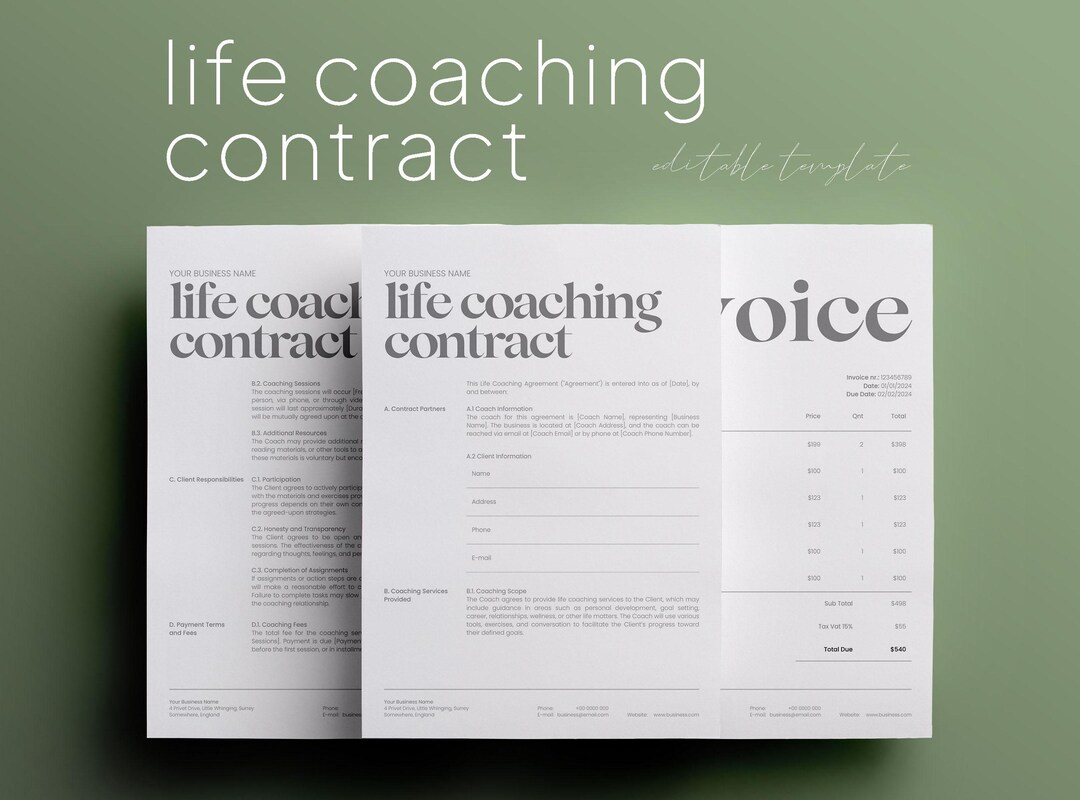 Life Coaching Contract Template, Editable Life Coach Agreement ...