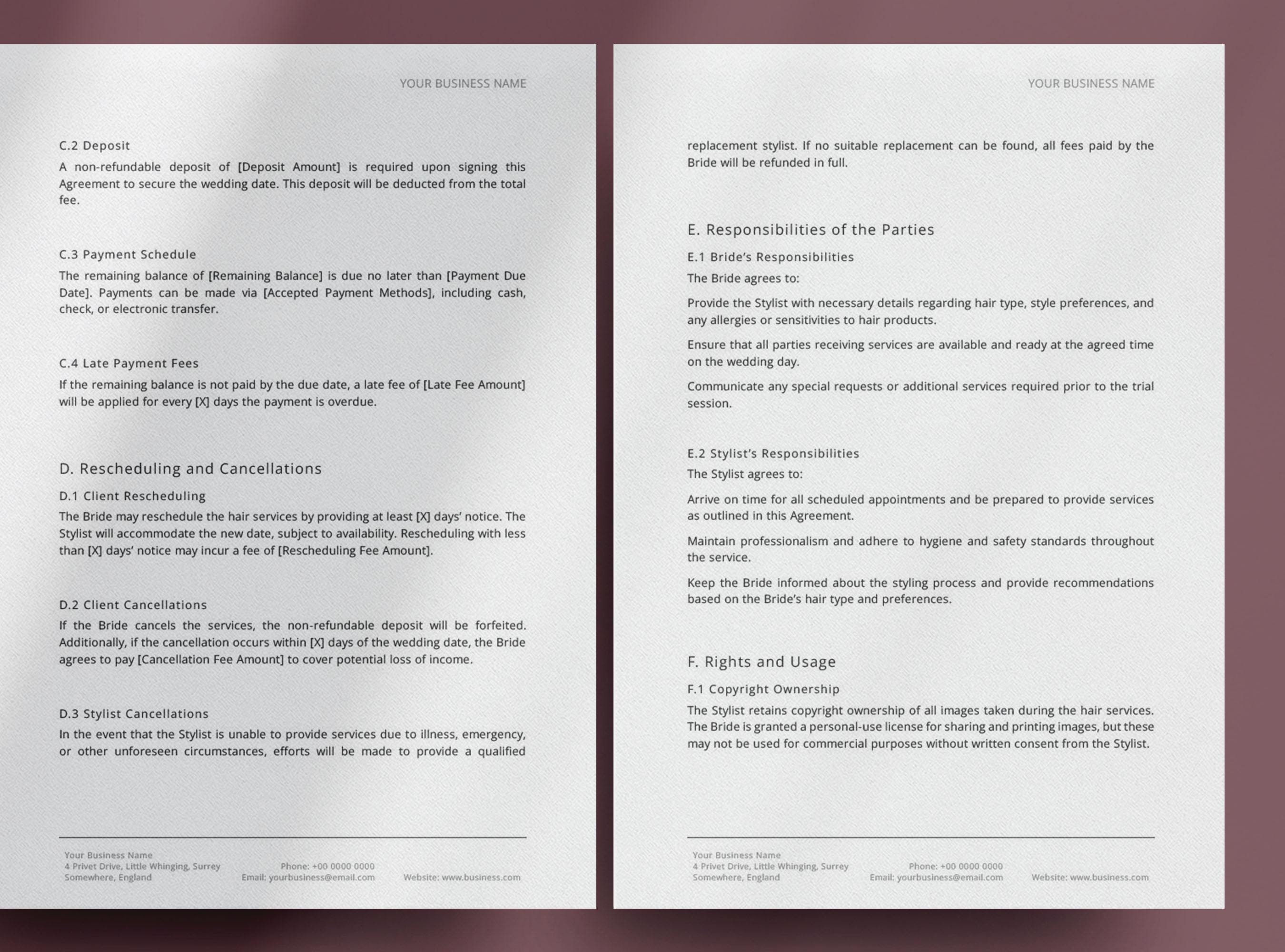 Bridal Hair Contract Template, Wedding Bridal Party Salon Services ...