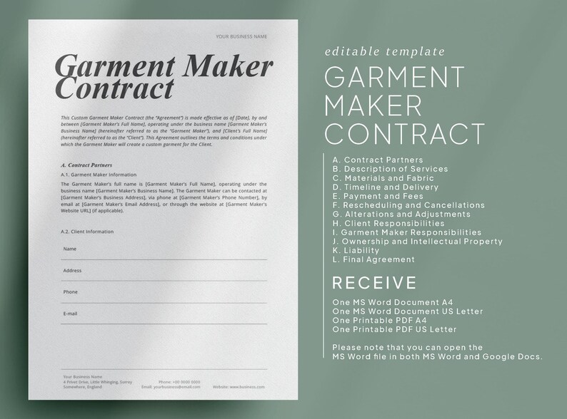 Custom Garment Contract, Tailor Made Clothing Agreement, Bespoke Clothes Forms, Sewing Services ...