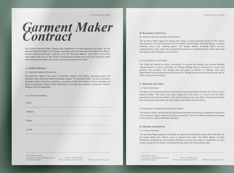 Custom Garment Contract, Tailor Made Clothing Agreement, Bespoke ...