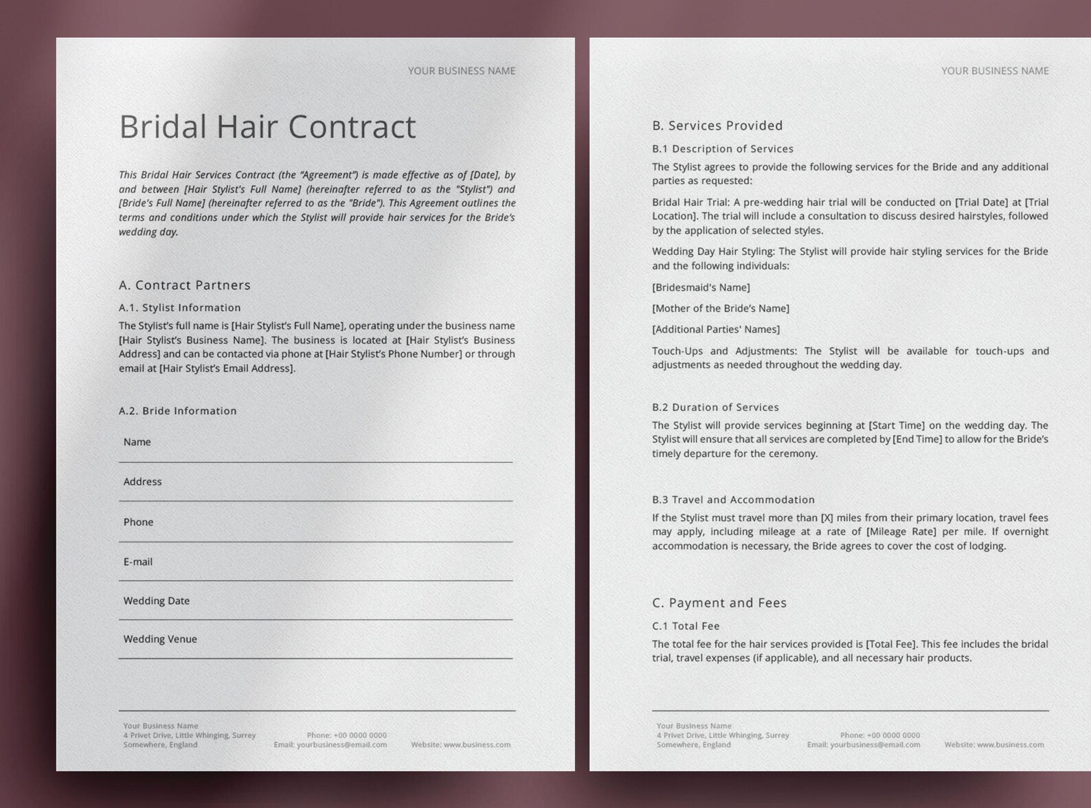 Bridal Hair Contract Template, Wedding Bridal Party Salon Services ...