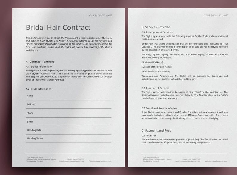 Bridal Hair Contract Template, Wedding Bridal Party Salon Services ...