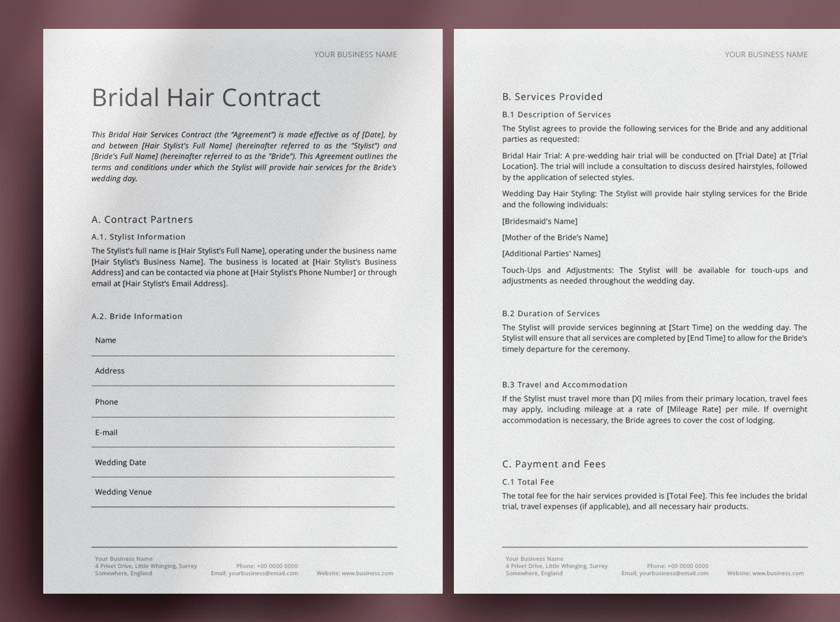 Bridal Hair Contract Template, Wedding Bridal Party Salon Services ...